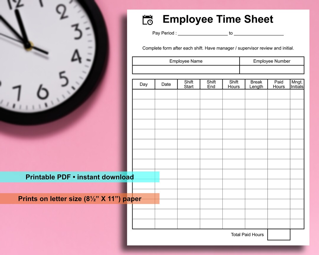 Employee Time Sheet Printable PDF Instant Digital Download - Etsy