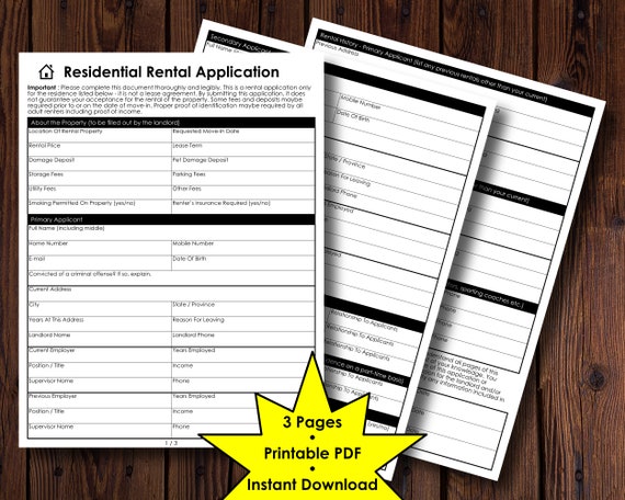 Residential Rental Application Form Printable PDF Instant | Etsy