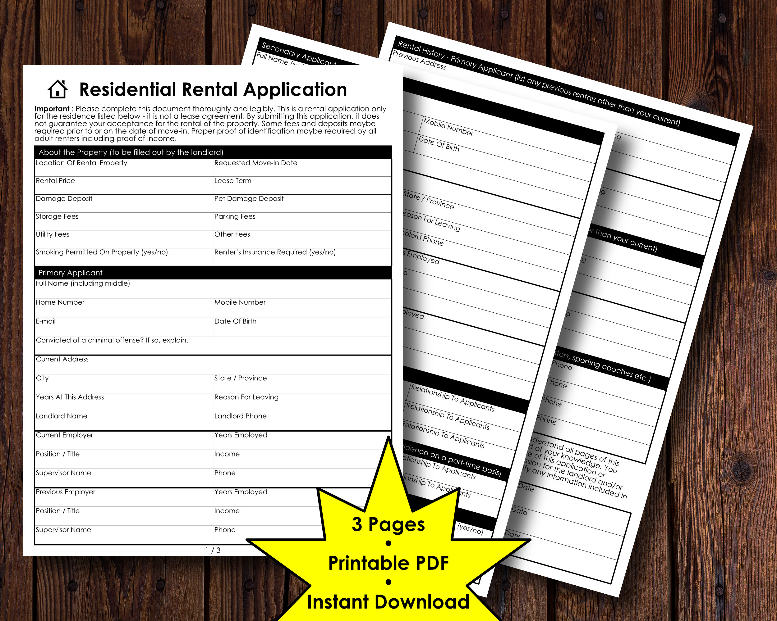 Residential Rental Application Form | Printable PDF | Instant Digital ...