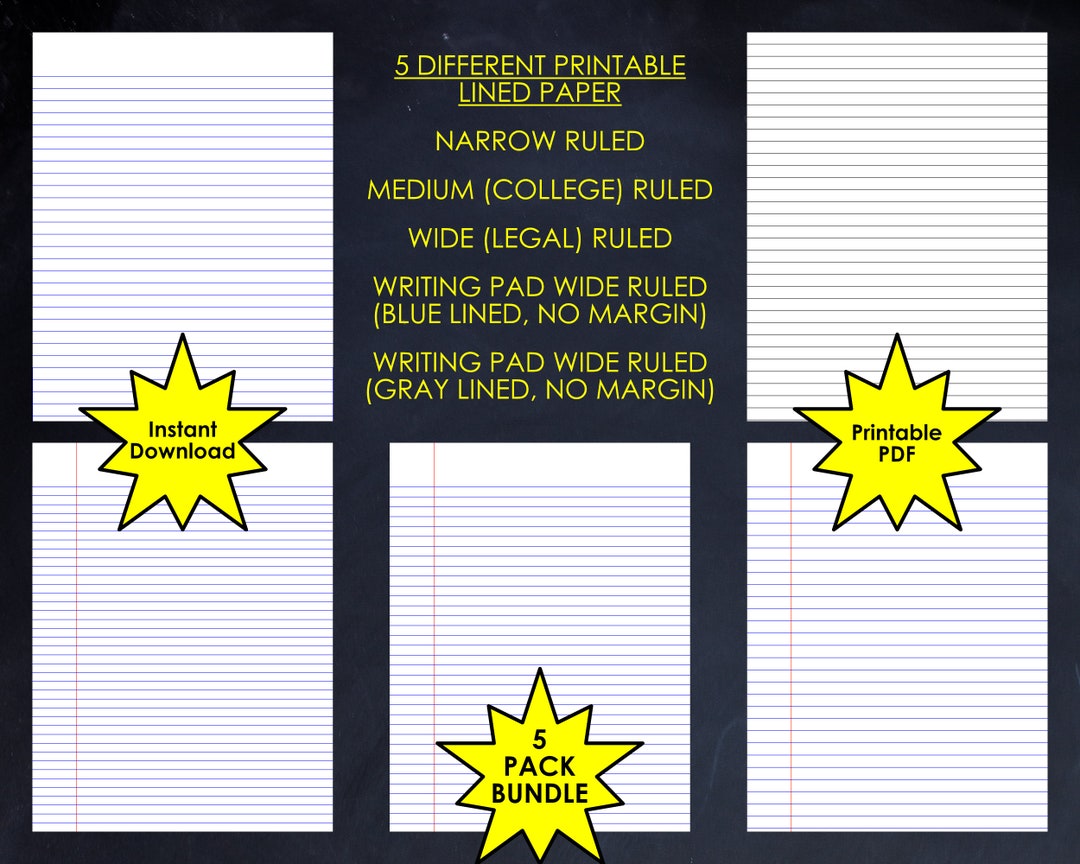 Lined Paper Bundle | 5 Different Styles | Printable PDF | Instant ...
