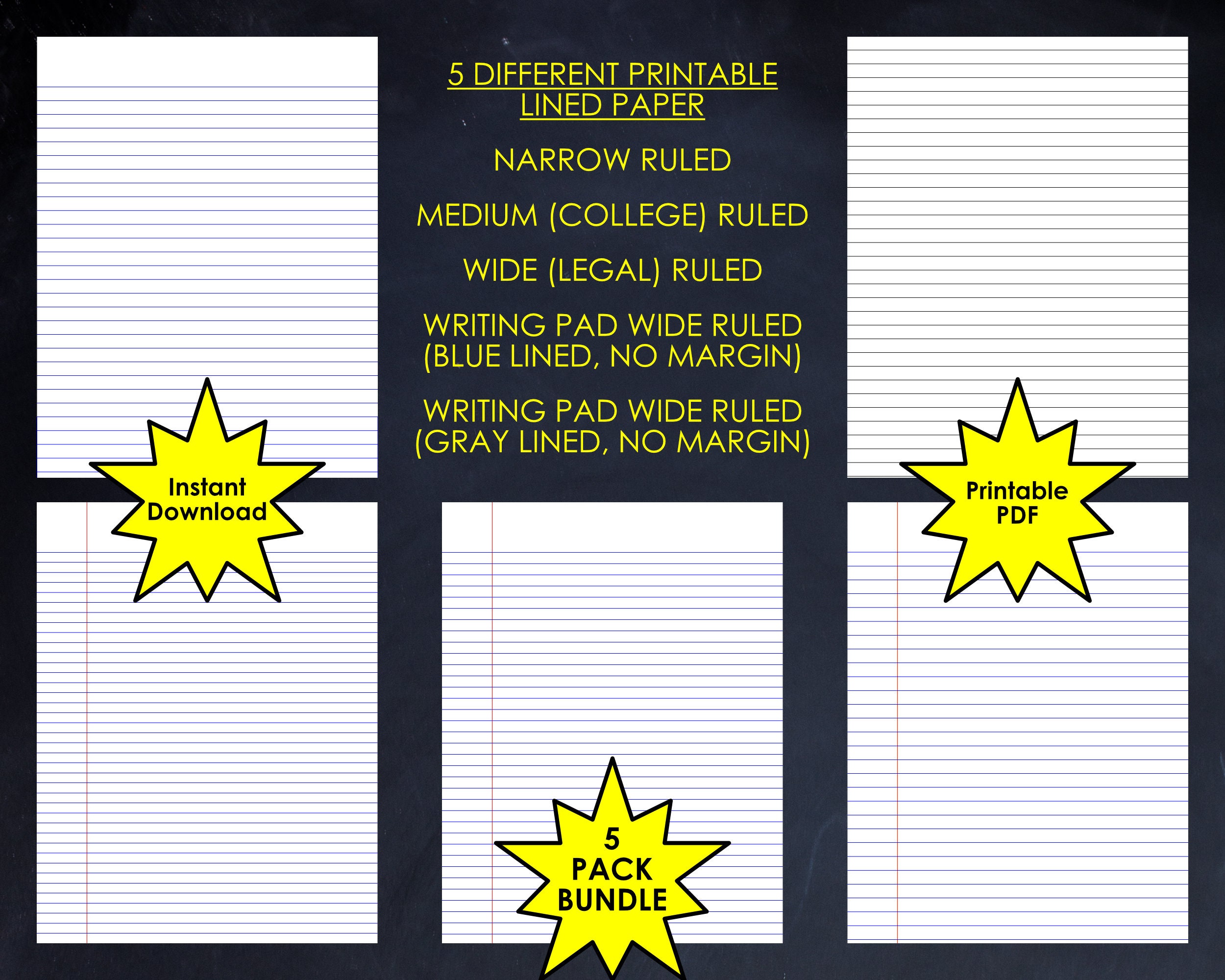 Lined Paper Bundle | 5 Different Styles | Printable PDF | Instant ...