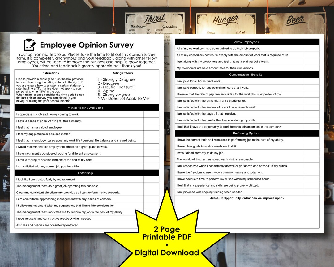 Employee Opinion Survey Form Printable PDF Instant Digital Download - Etsy