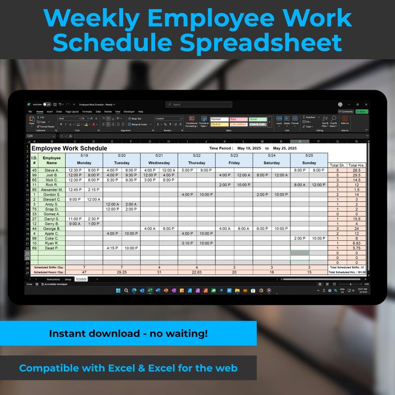 Weekly Employee Work Schedule Spreadsheet | Excel Template | Instant ...