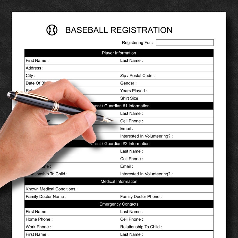 Baseball Registration Form | Printable PDF | Instant Digital Download ...