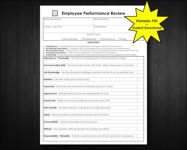 Deluxe Employee Performance Review Form | Printable PDF | Instant ...
