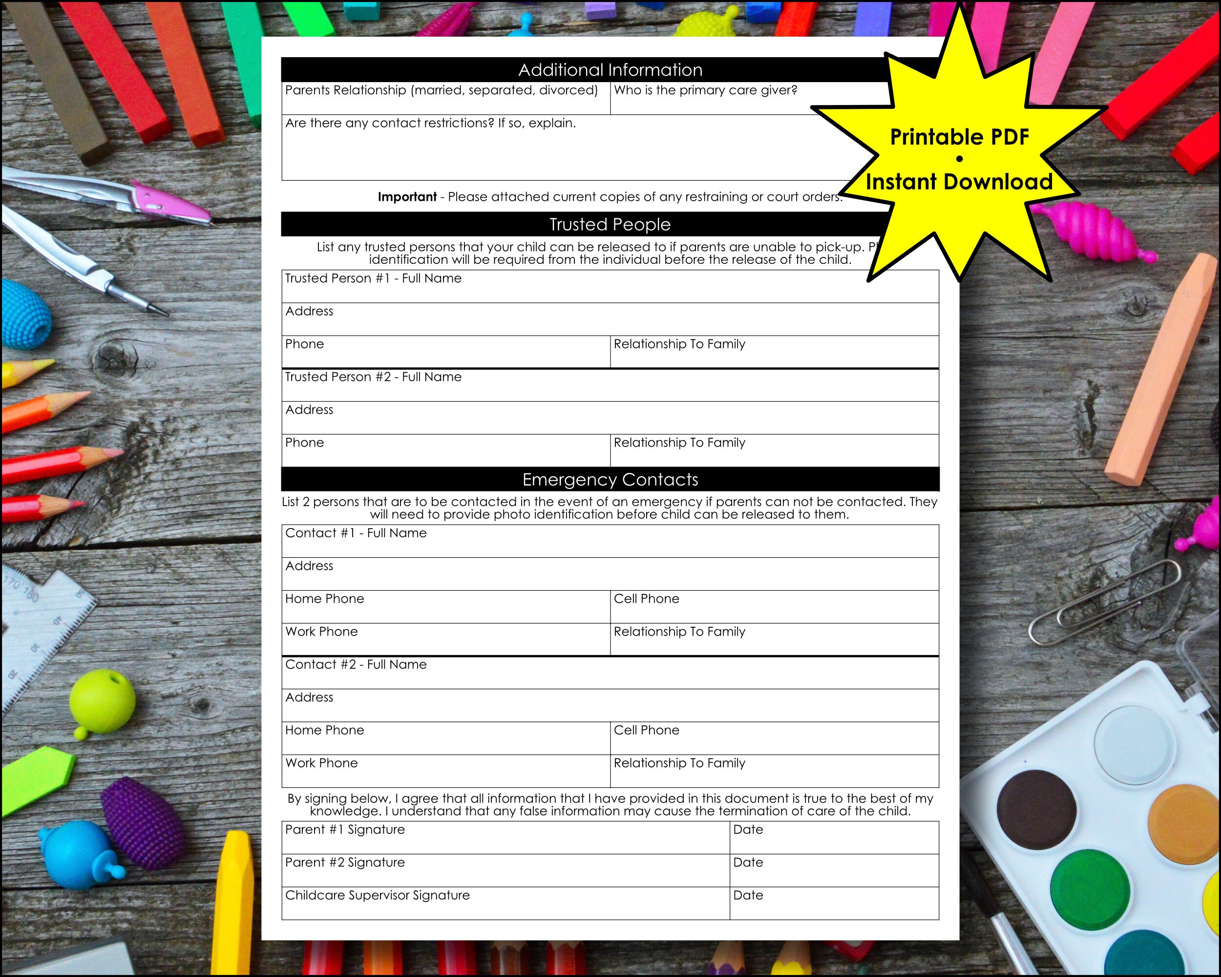 Childcare Registration Forms | Printable PDF | Instant Digital Download ...