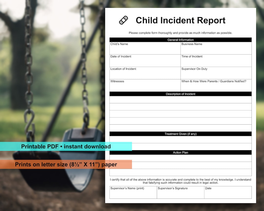 Child Incident Report Form Printable PDF Instant Digital - Etsy