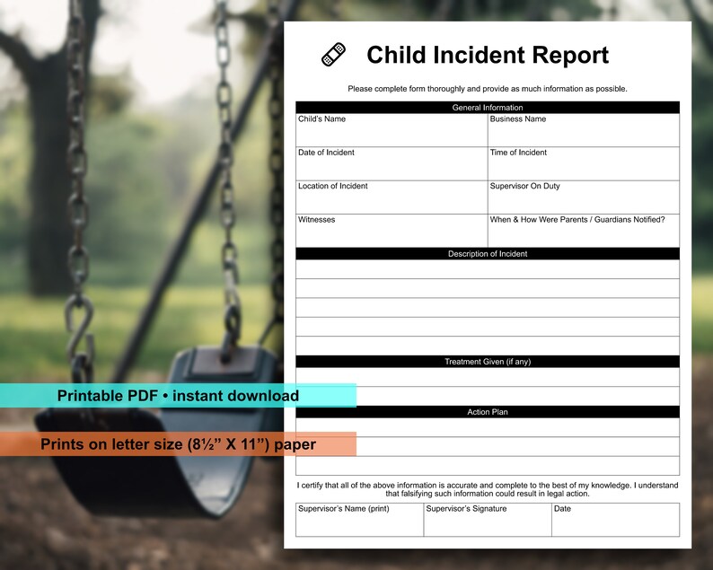 Child Incident Report Form Printable PDF Instant Digital - Etsy