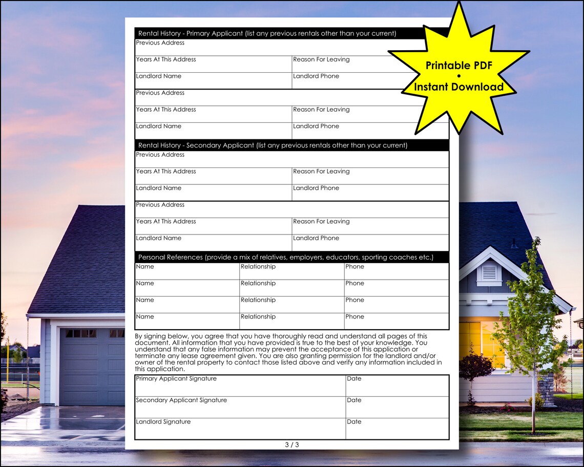 Residential Rental Application Form | Printable PDF | Instant Digital ...