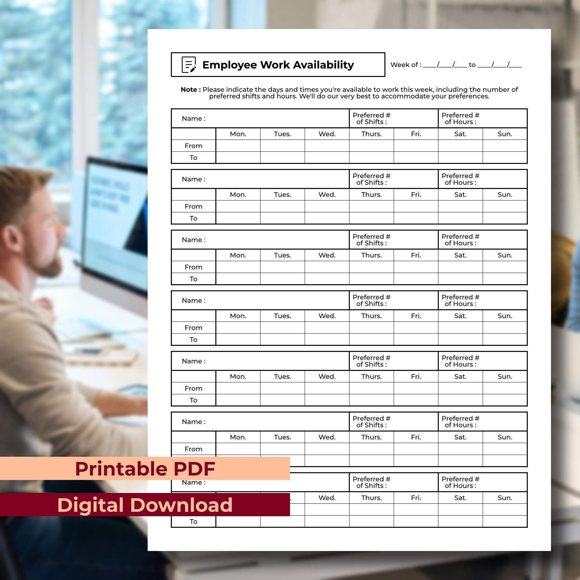 Employee Work Availability Form | Printable PDF | Instant Digital ...