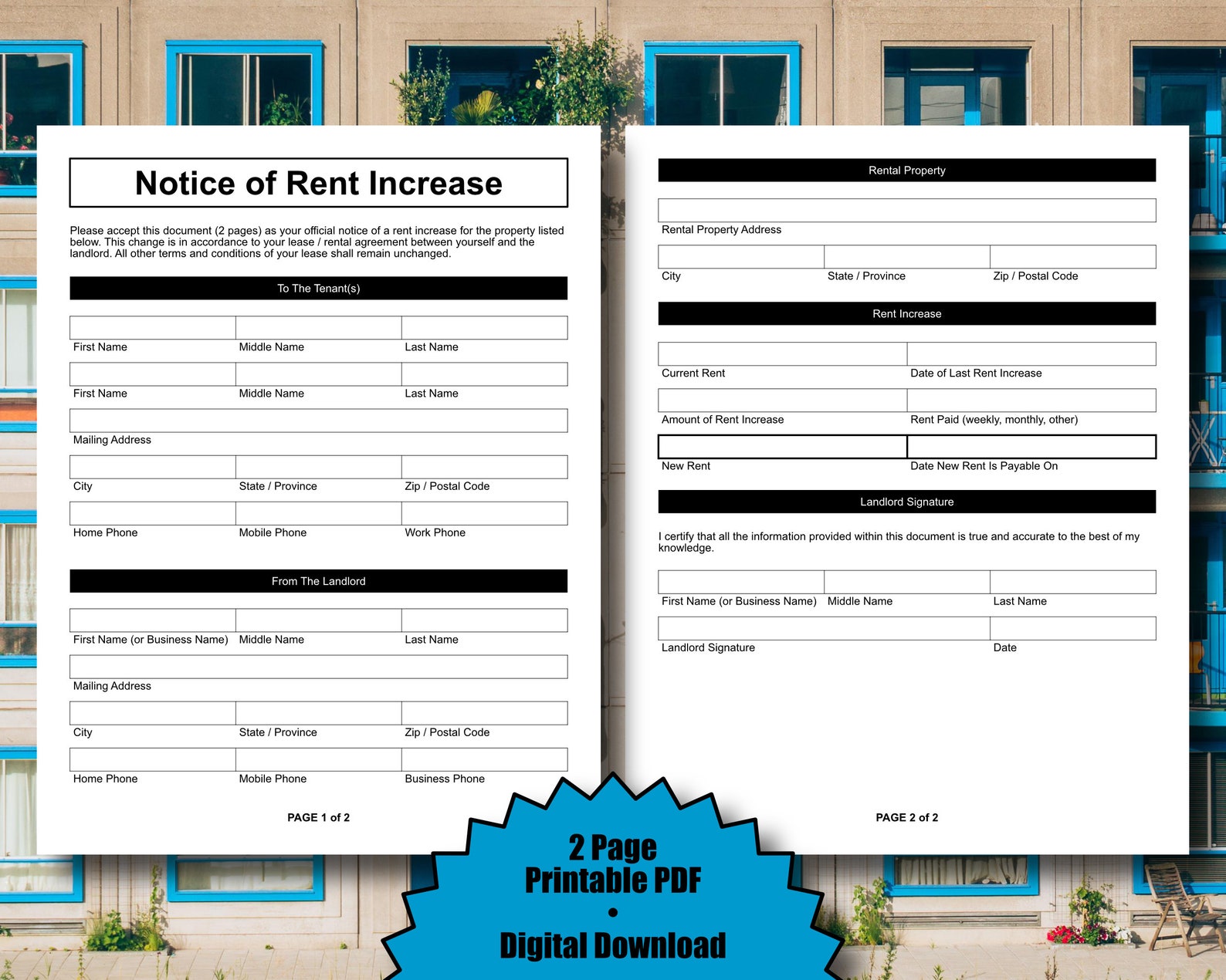 Notice of Rent Increase Form | Printable PDF | Instant Digital Download ...