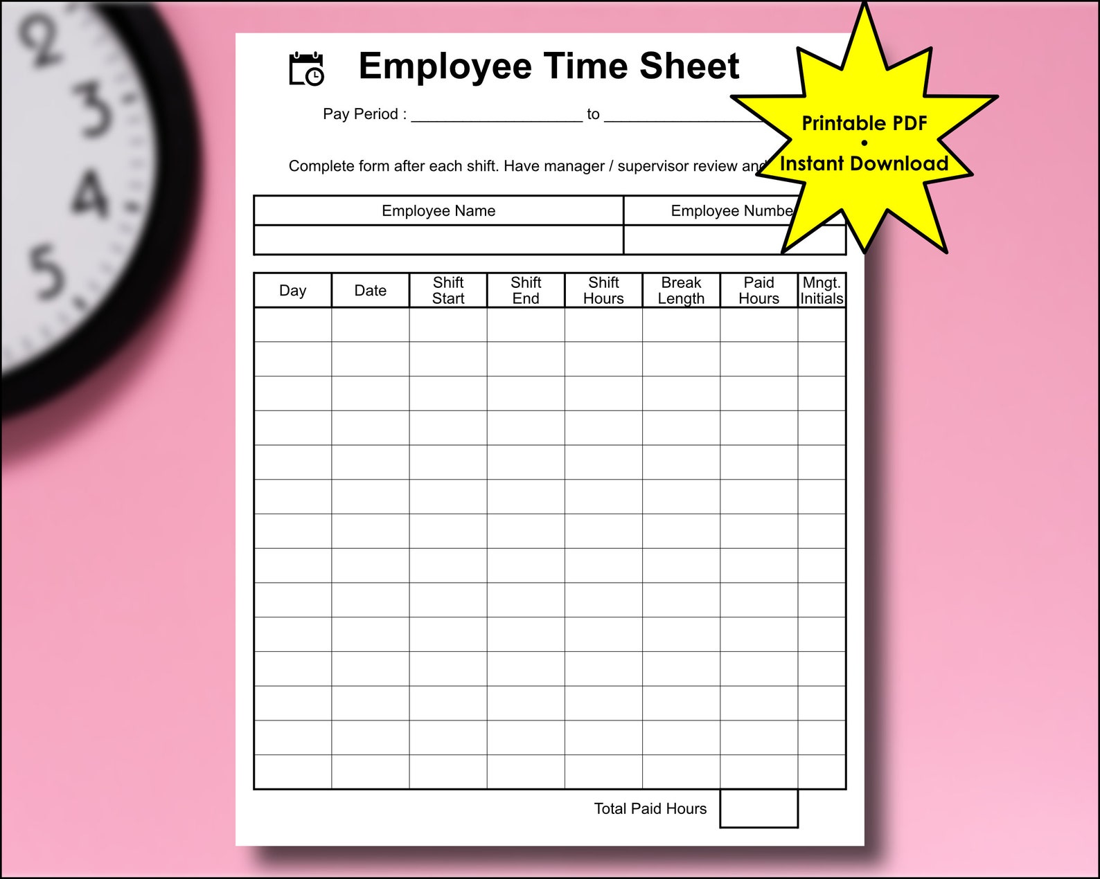 Employee Time Sheet Printable PDF Instant Digital Download - Etsy Canada