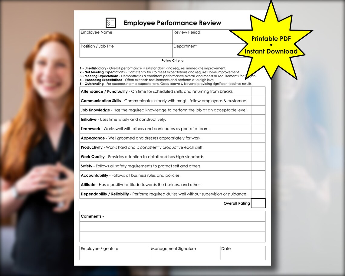 Employee Performance Review Form Employee Evaluation Form - Etsy