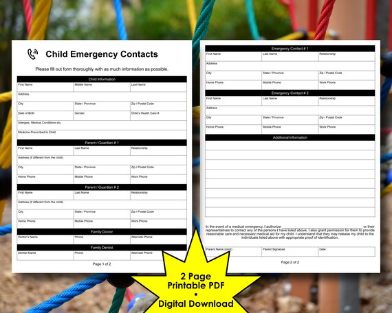 Child Emergency Contacts Form Printable PDF Instant | Etsy