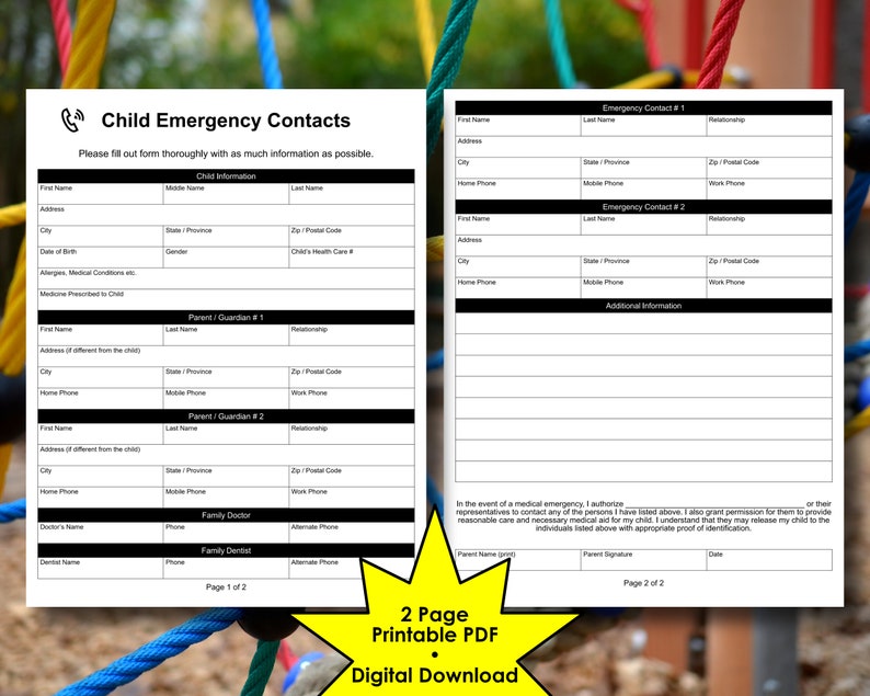 Child Emergency Contacts Form | Printable PDF | Instant Digital ...