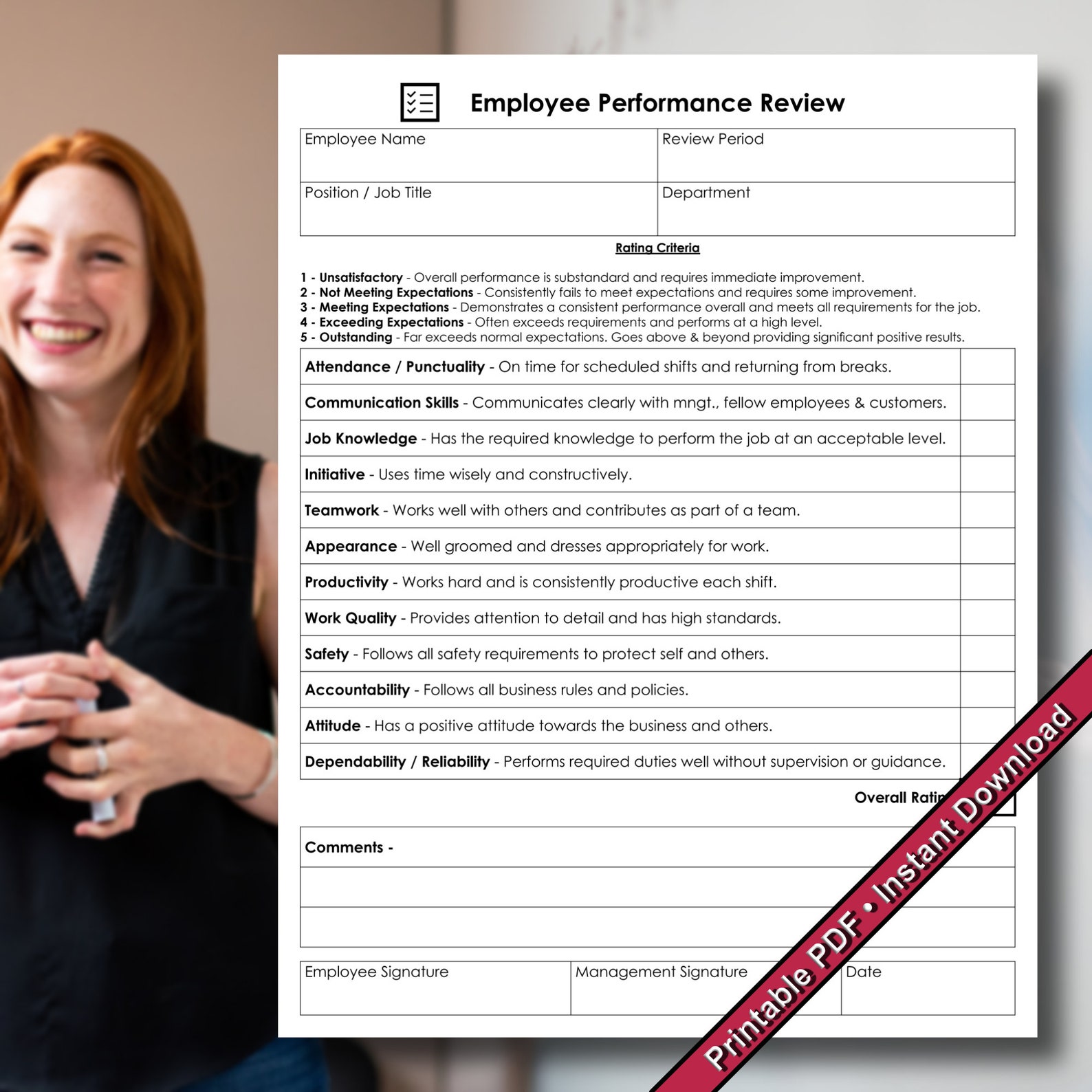 Employee Performance Review Form | Printable PDF | Instant Digital ...