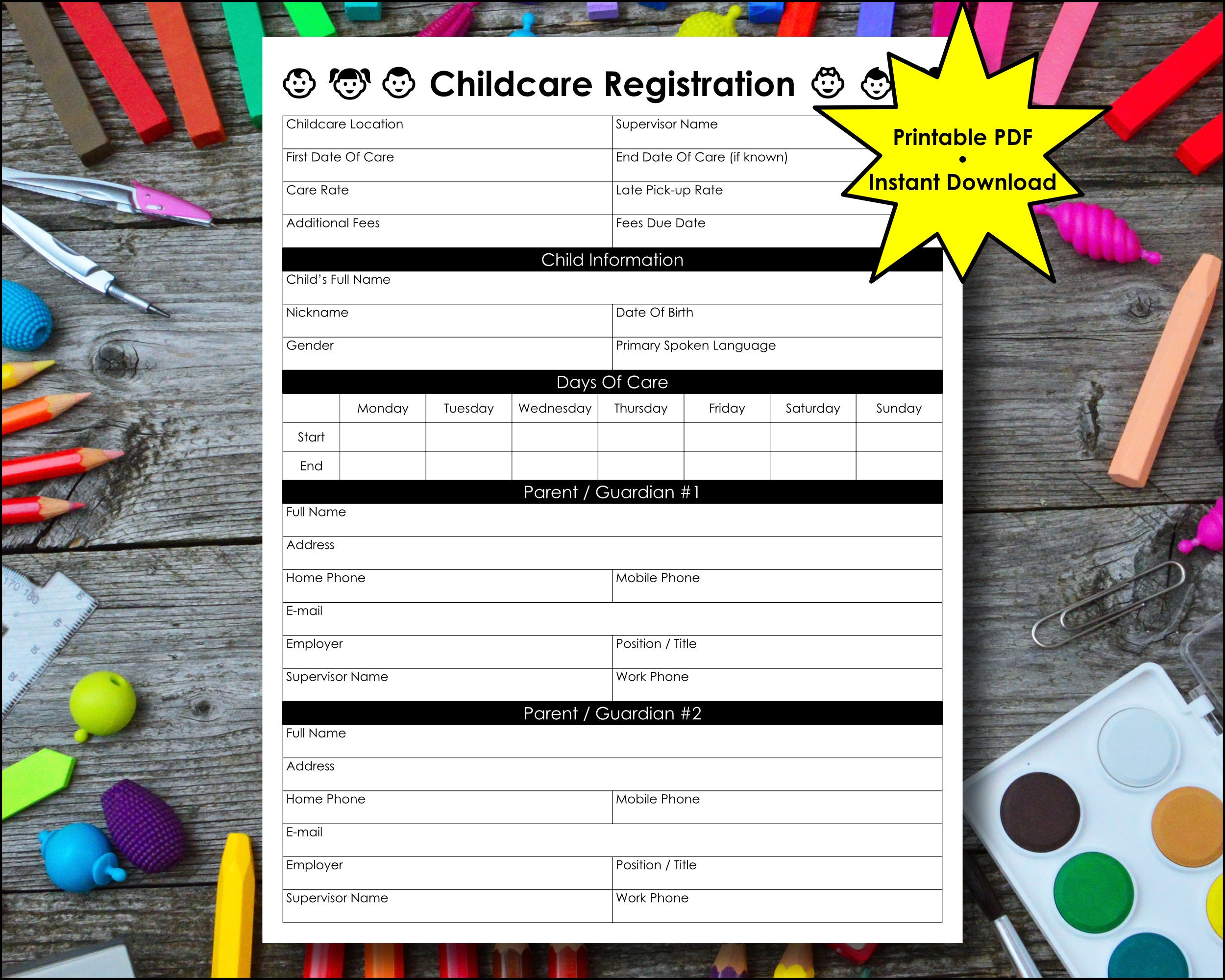 Childcare Registration Forms | Printable PDF | Instant Digital Download ...
