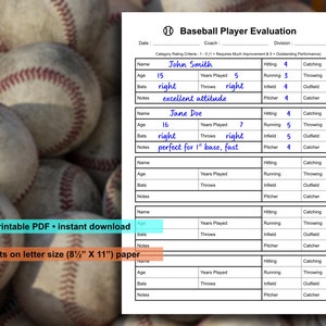 Baseball Player Evaluation Form: Skills Assessment (printable PDF) - Etsy