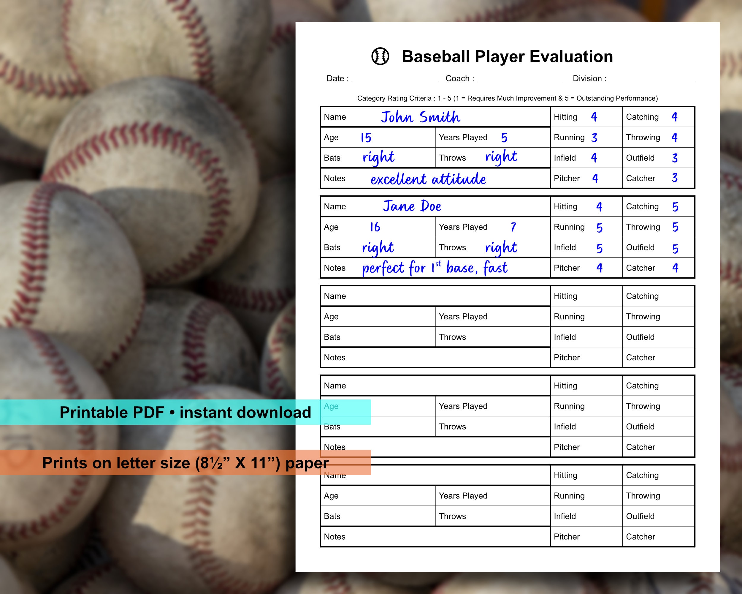 Baseball Player Evaluation (skills Assessment) Form | Printable PDF ...