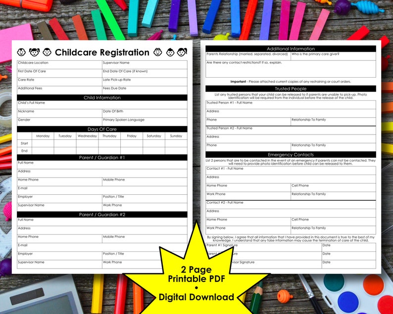 Childcare Registration Forms | Printable PDF | Instant Digital Download ...