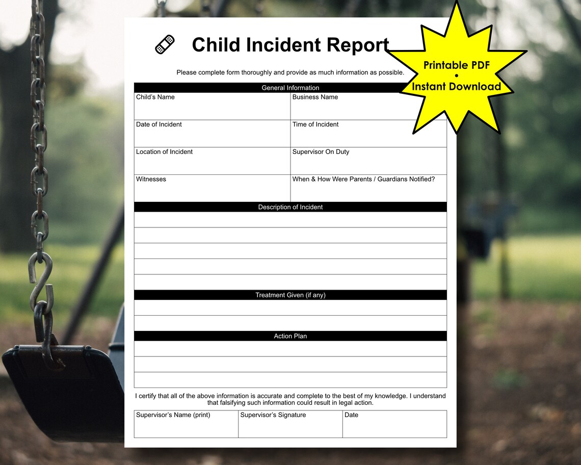 Child Incident Report Form Printable PDF Instant Digital - Etsy Canada