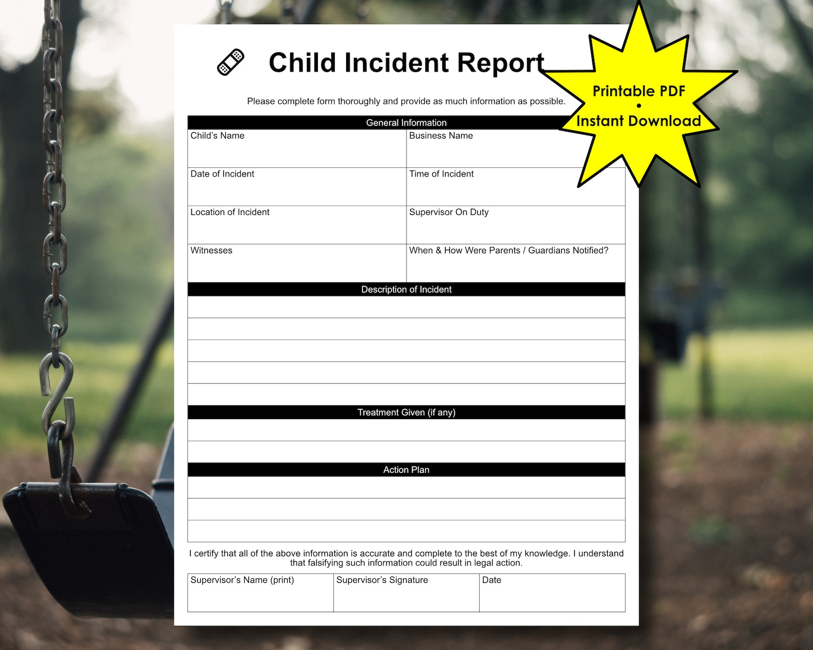 Child Incident Report Form Printable PDF Instant Digital - Etsy Canada