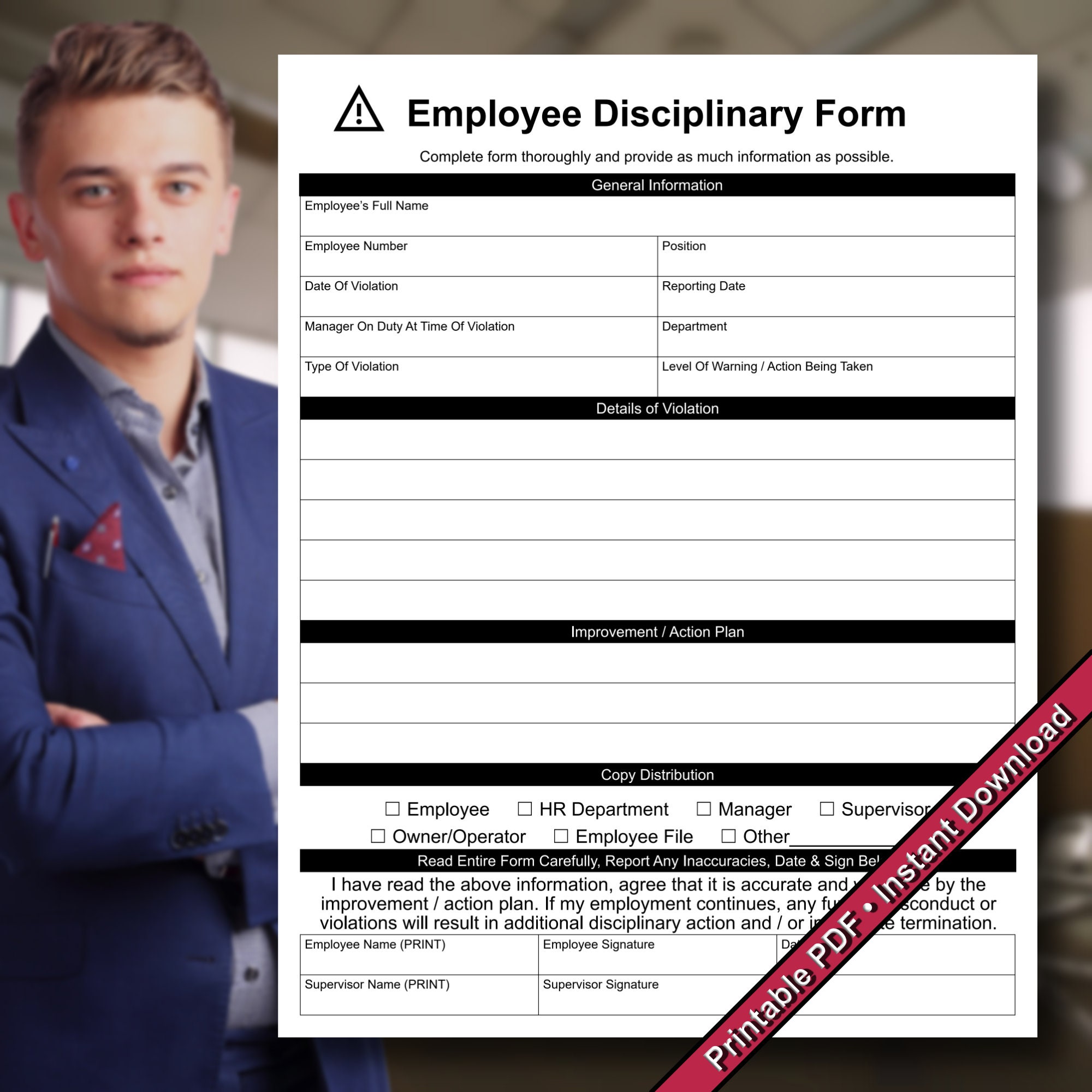 Employee Disciplinary Form | Printable PDF | Instant Digital Download ...