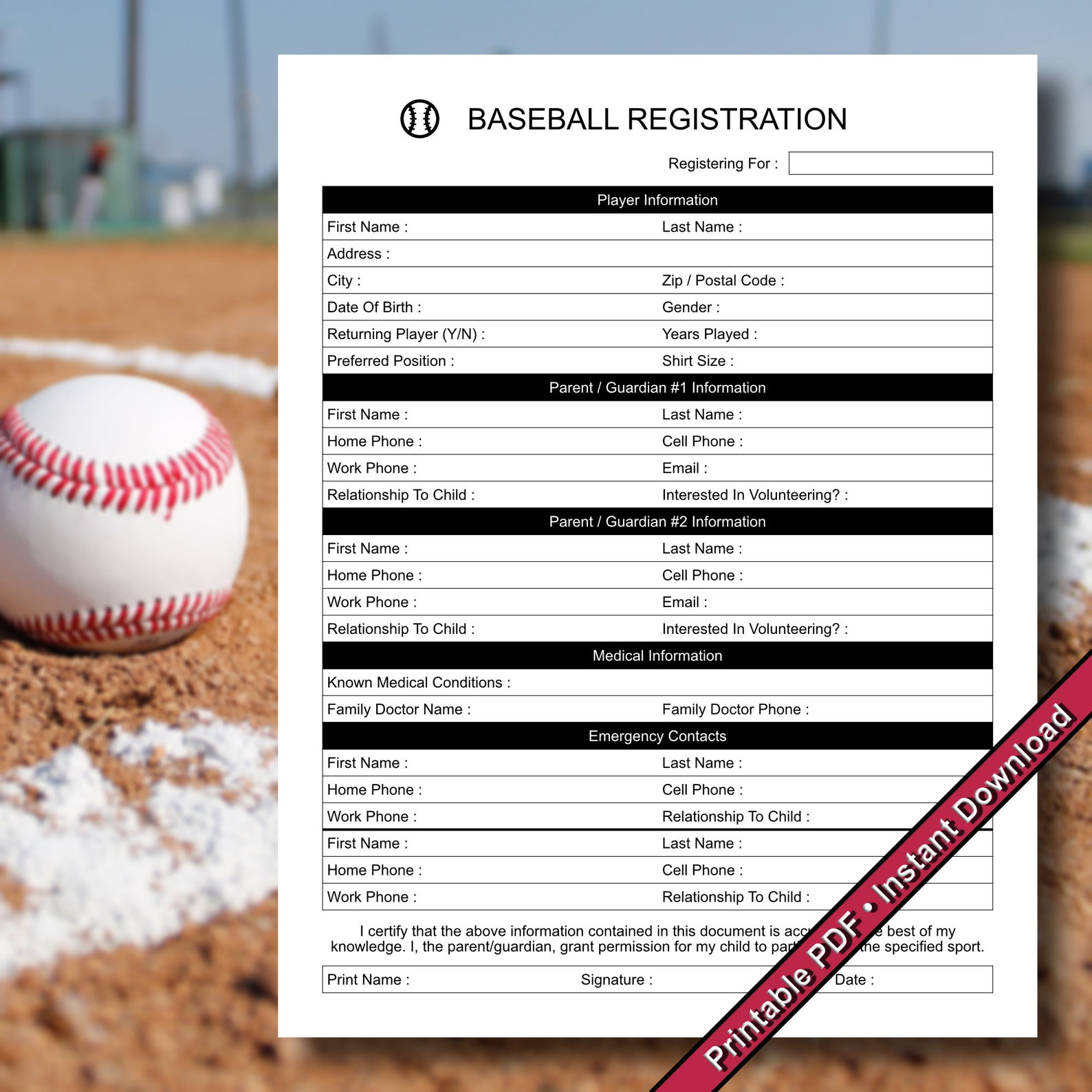 Baseball Registration Form | Printable PDF | Instant Digital Download ...