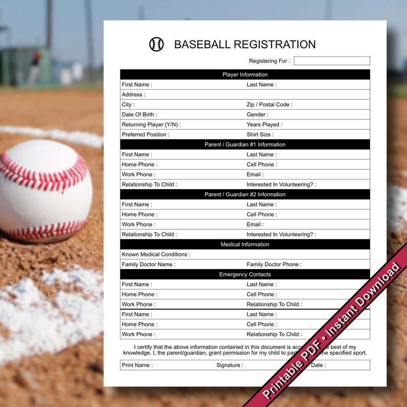 Baseball Registration Form | Printable PDF | Instant Digital Download ...