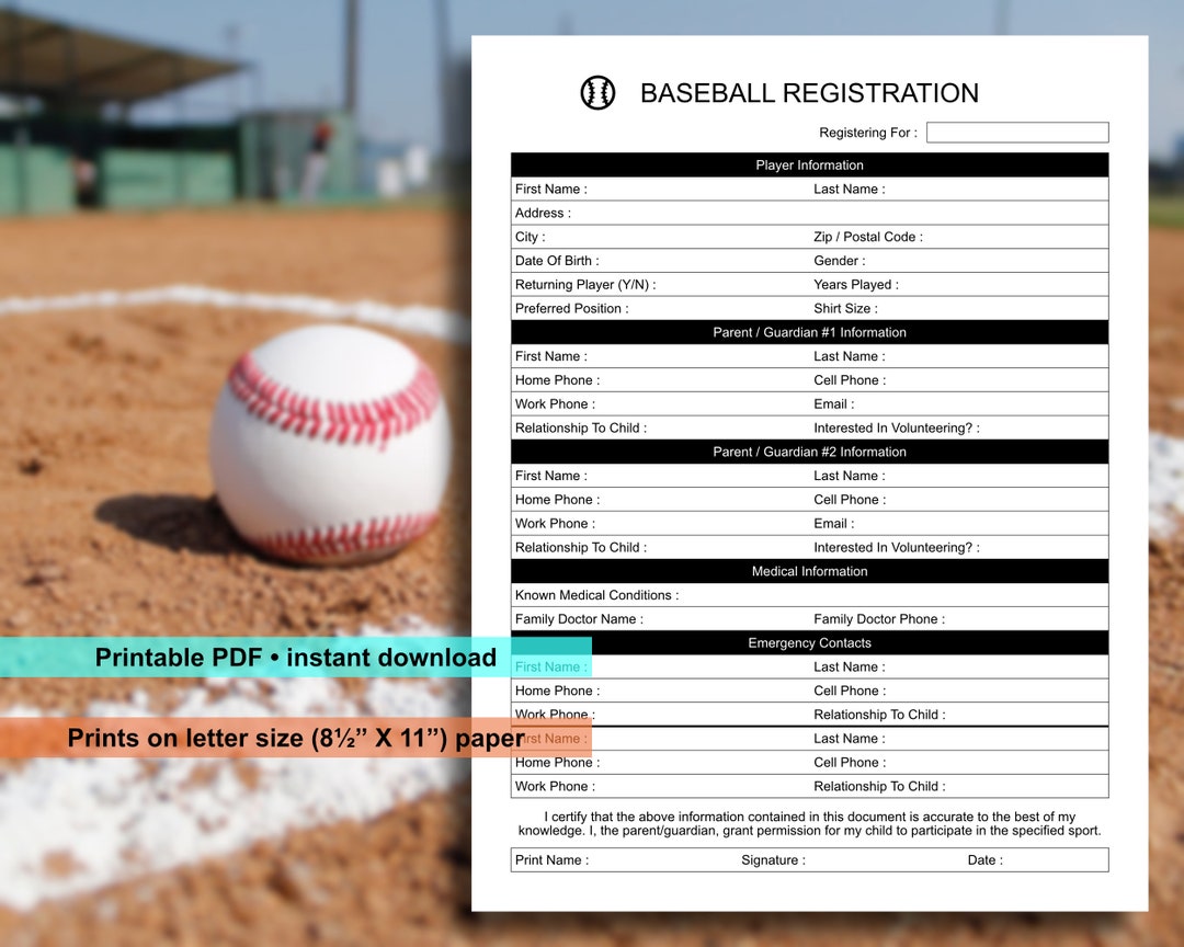 Baseball Registration Form Printable PDF Instant Download - Etsy