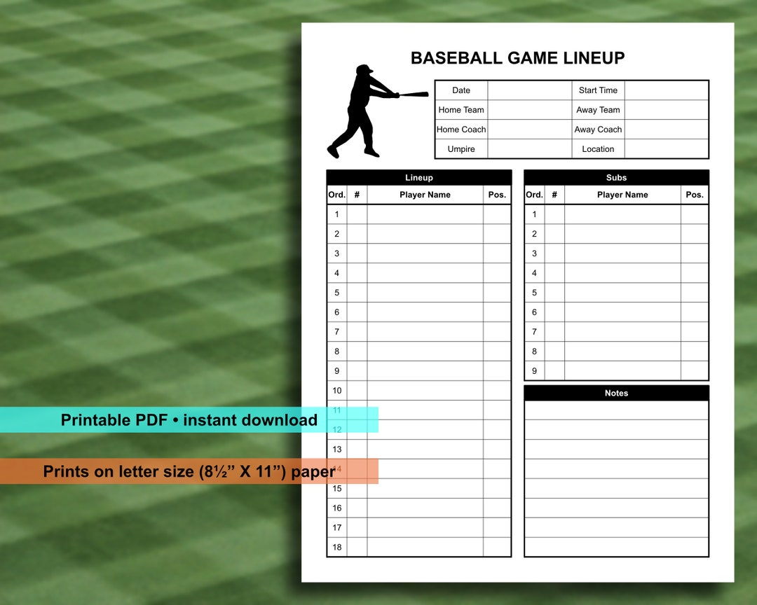 Baseball Game Lineup Form Printable PDF Instant Download - Etsy
