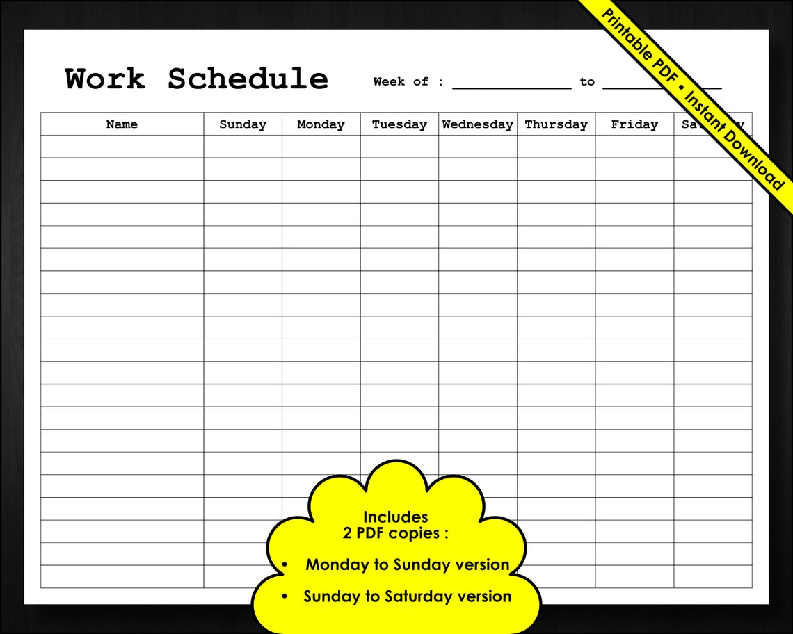 Basic Employee Weekly Work Schedule Form | Printable PDF | Instant ...