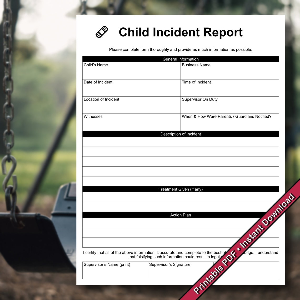 Child Incident Report Form Printable PDF Instant Digital Download ...