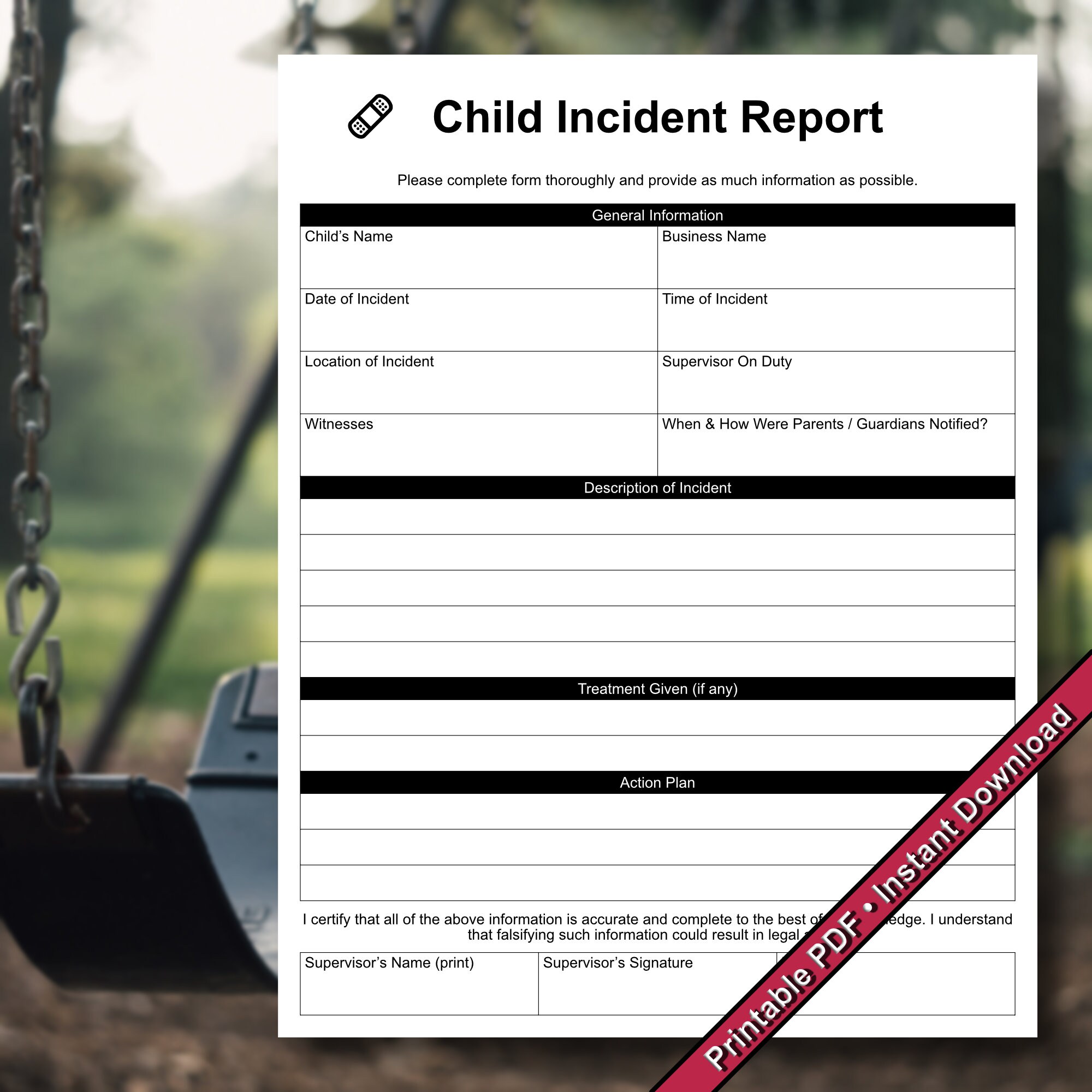 Child Incident Report Form Printable PDF Instant Digital Download ...