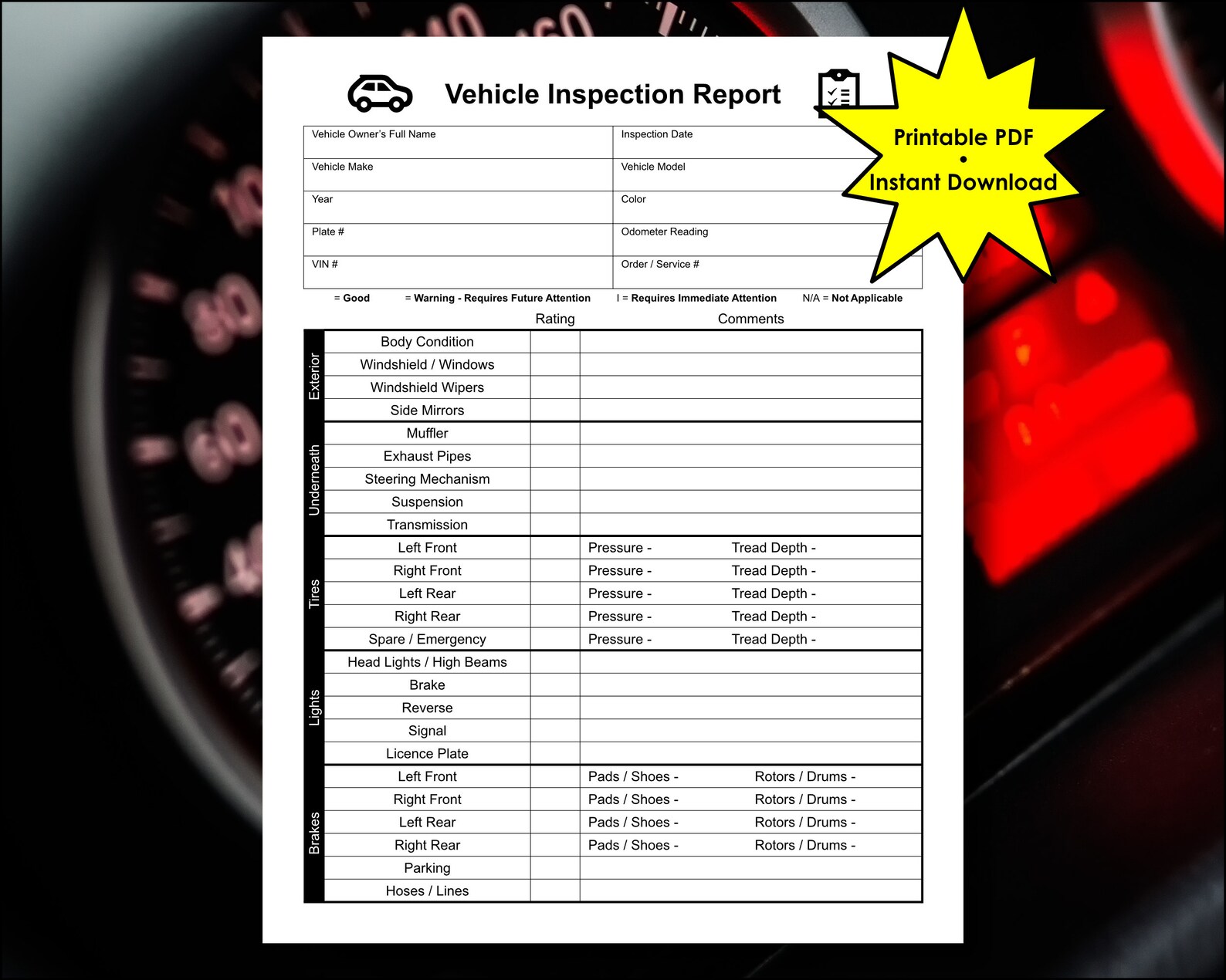 Vehicle Inspection Report Form | Printable PDF | Instant Digital ...