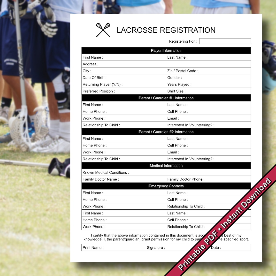 Lacrosse Registration Form Printable PDF Instant Download - Etsy