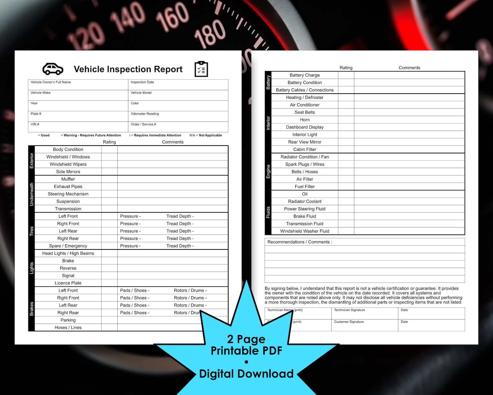 Vehicle Inspection Report Form | Printable PDF | Instant Digital ...
