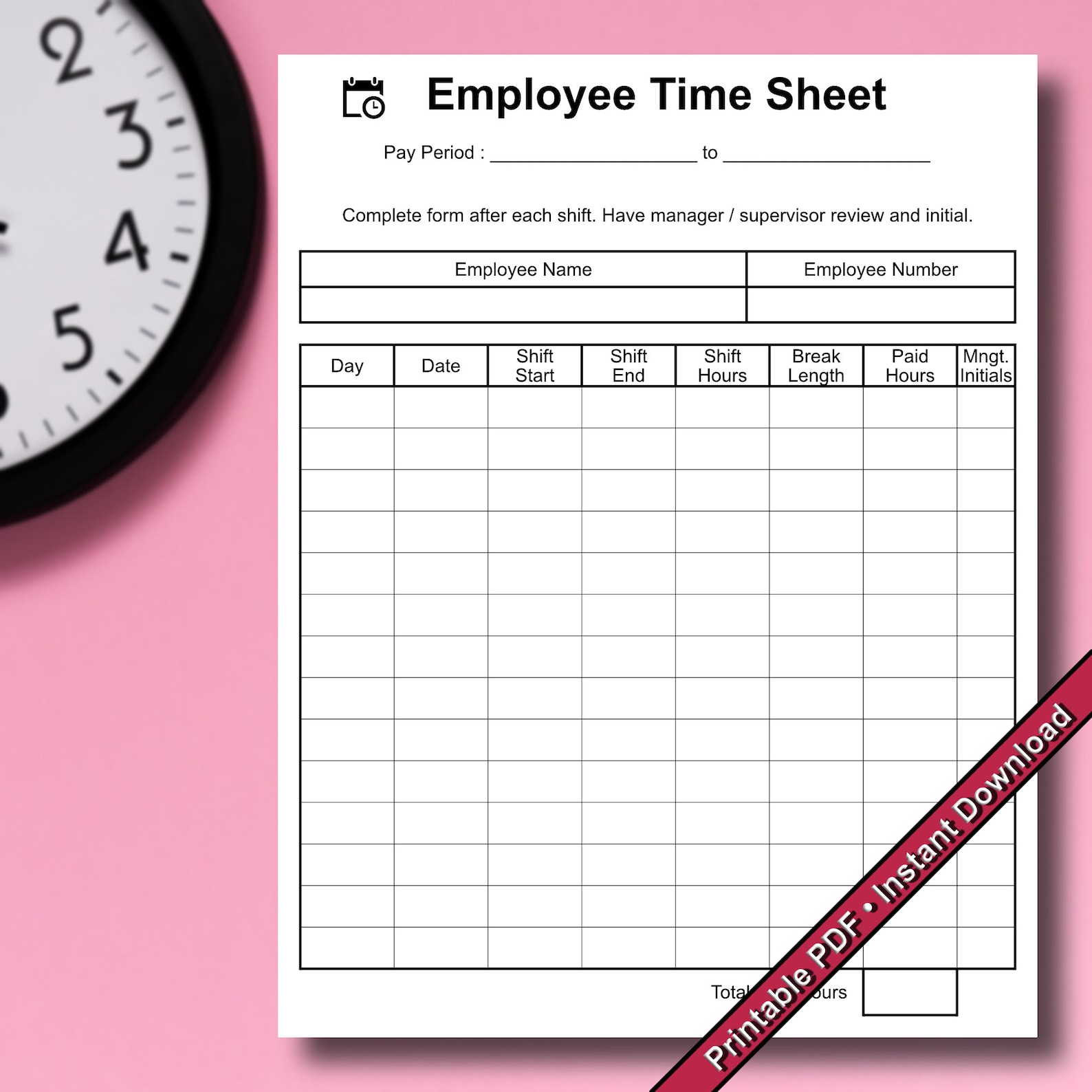 Employee Time Sheet | Printable PDF | Instant Digital Download - Etsy ...