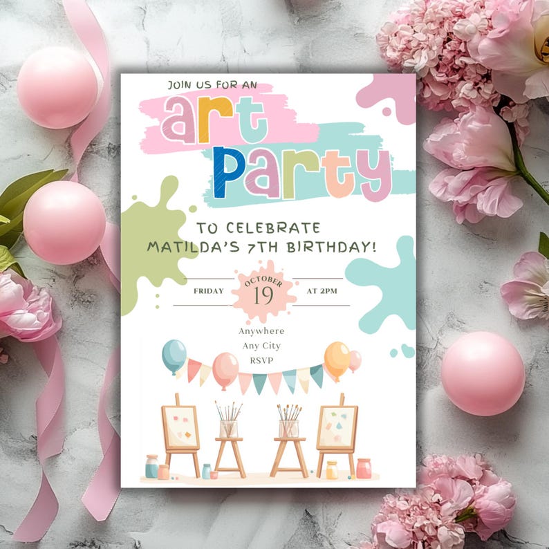 Editable Art Birthday Party Invitation, Art in Party Birthday Invite ...