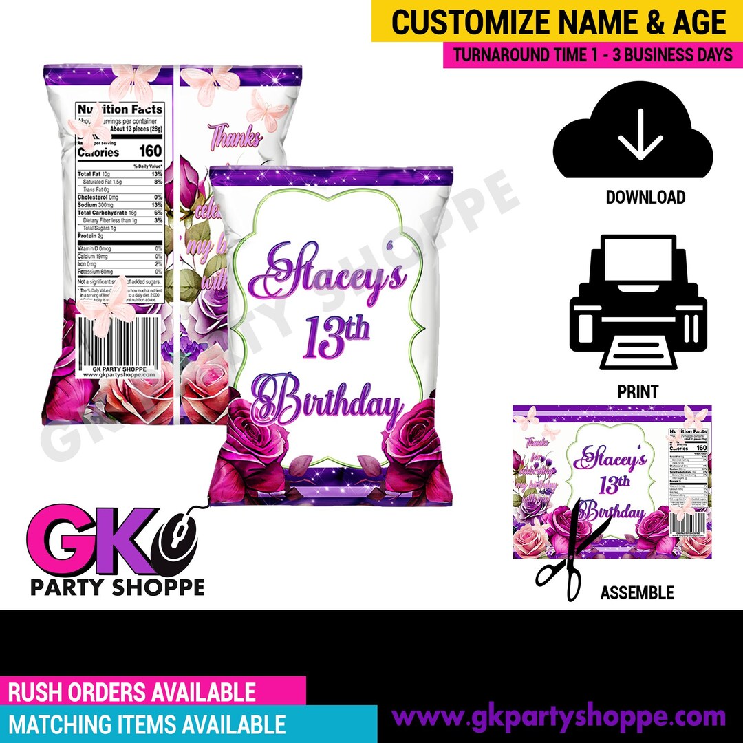Chip Bag Wrapper 13th Birthday Chip Bag Party Treat Adorable Chip Bag ...