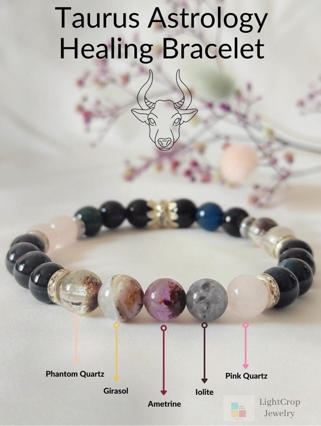 Taurus Astrology Bracelet, Phantom Quartz, Iolite, Girasol, Zodiac ...