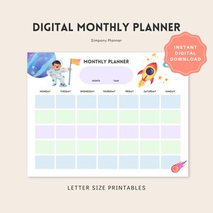 Printable Kids Monthly Planner - Space, Homeschool Monthly Schedule ...