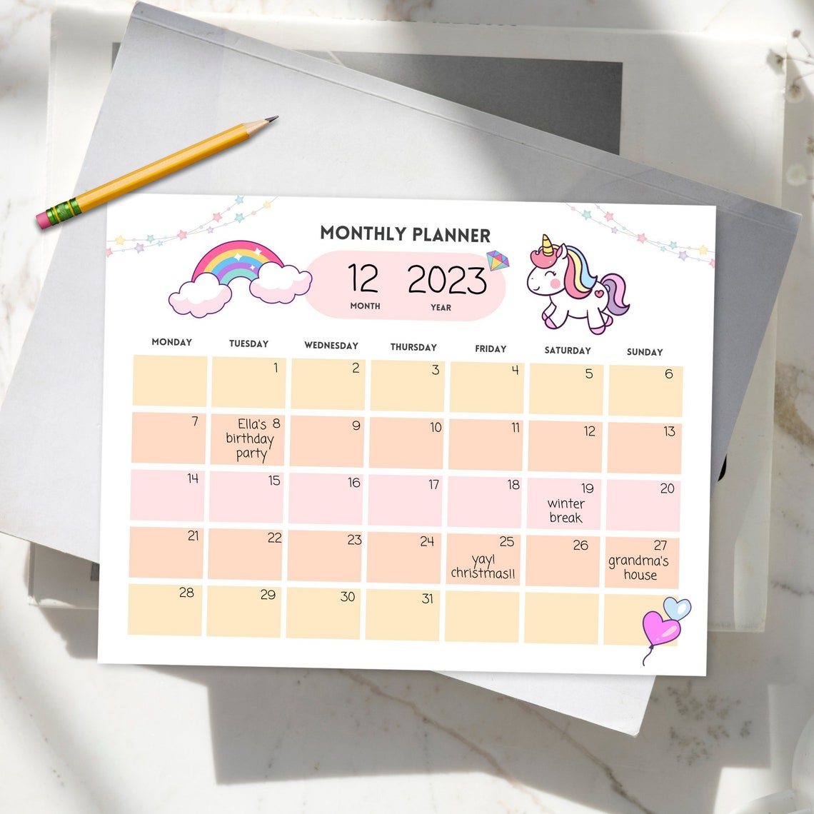 Printable Kids Monthly Planner - Unicorn, Homeschool Monthly Schedule ...