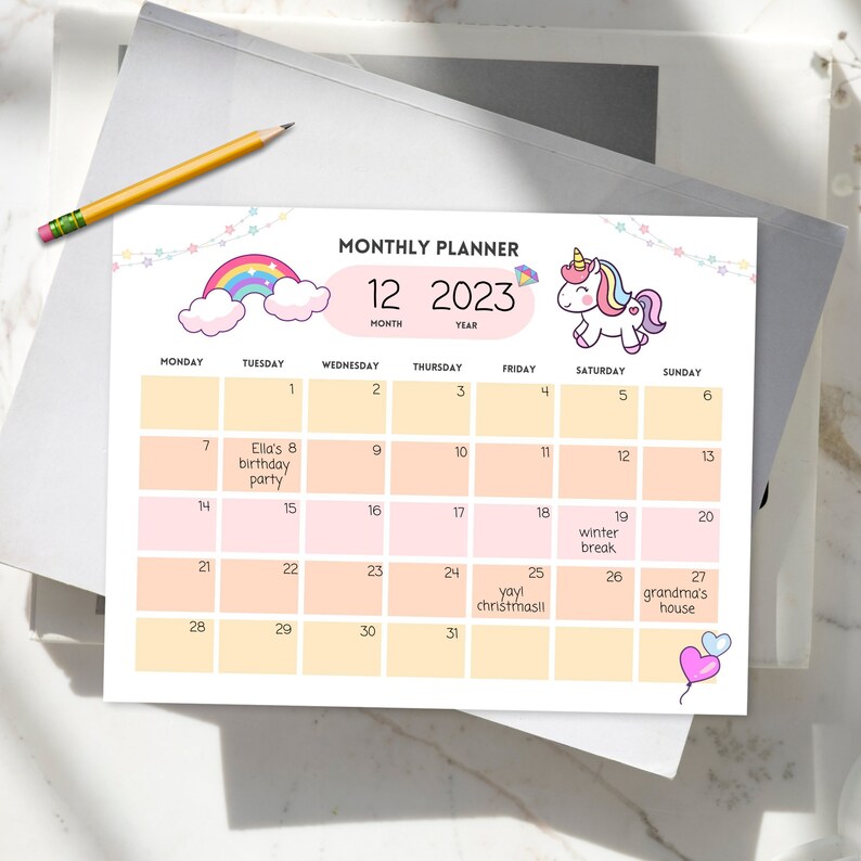 Printable Kids Monthly Planner - Unicorn, Homeschool Monthly Schedule ...