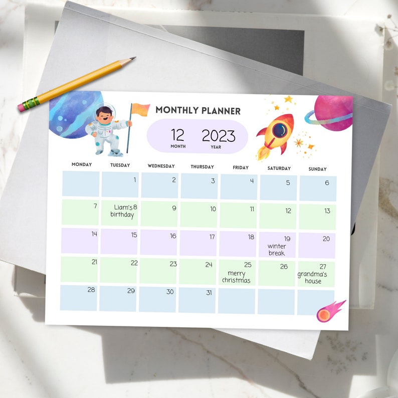 Printable Kids Monthly Planner - Space, Homeschool Monthly Schedule ...
