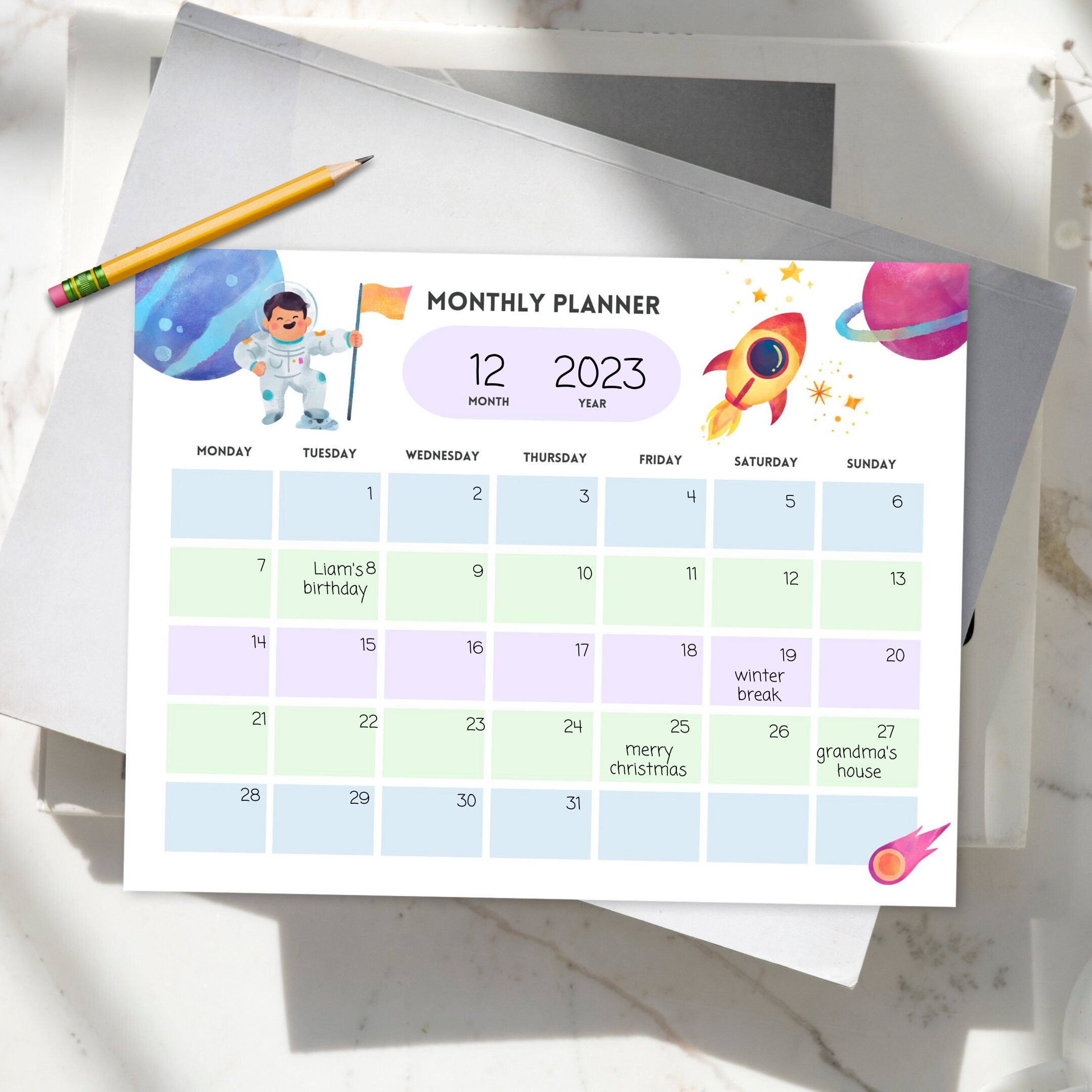 Printable Kids Monthly Planner - Space, Homeschool Monthly Schedule ...