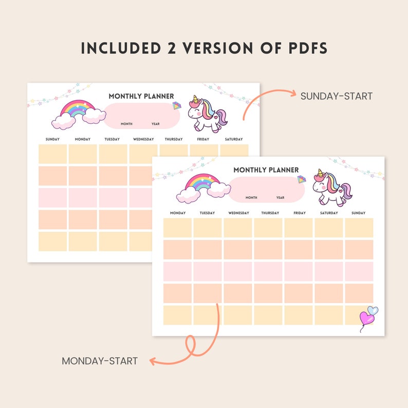 Printable Kids Monthly Planner - Unicorn, Homeschool Monthly Schedule ...