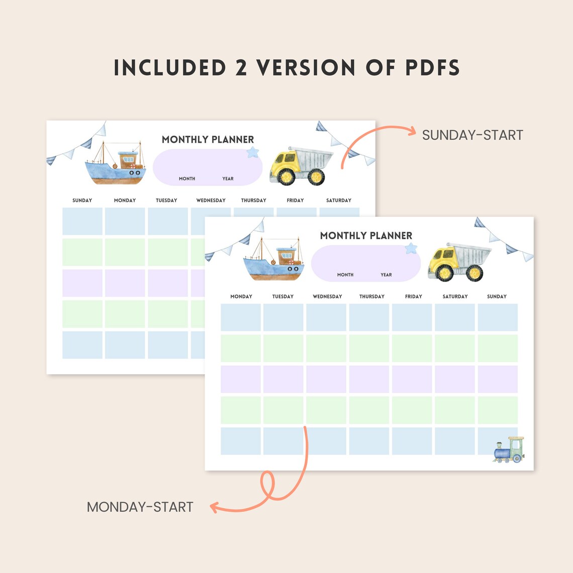 Printable Kids Monthly Planner - Transportation, Homeschool Monthly ...