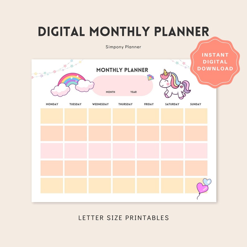 Printable Kids Monthly Planner - Unicorn, Homeschool Monthly Schedule ...