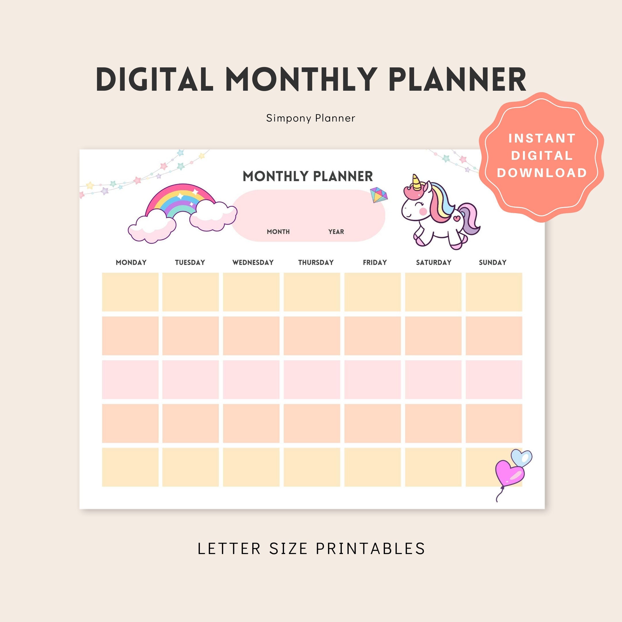 Printable Kids Monthly Planner - Unicorn, Homeschool Monthly Schedule ...
